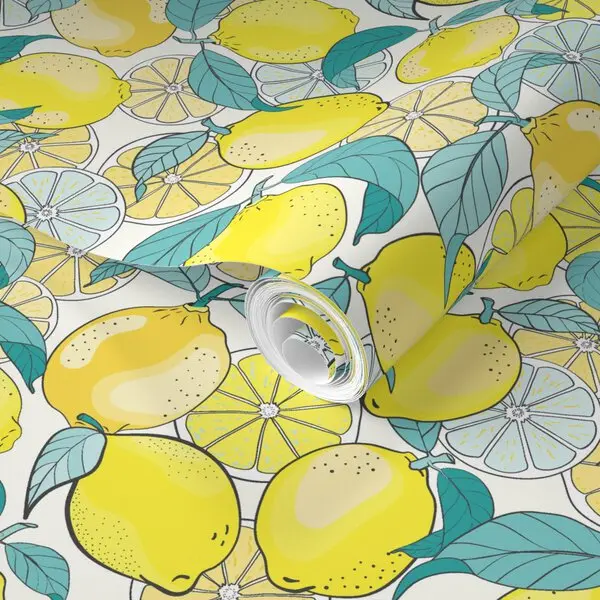 Spoonflower Lemons Teal Yellow Citrus Hand Drawn Fruits Custom Removable Wallpaper - Yellow,blue,mint