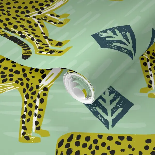 Spoonflower Animal Africa Cheetah Safari Linocut Cheetahs Custom Removable Wallpaper - Green,brown