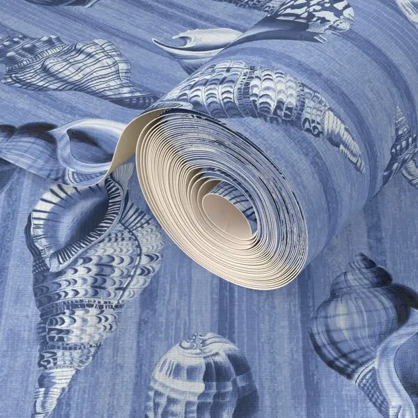 Spoonflower Nostalgic Seashell And Stripes Navy Blue 100% Natural Sisal Grasscloth Wallcovering - Blue,navy