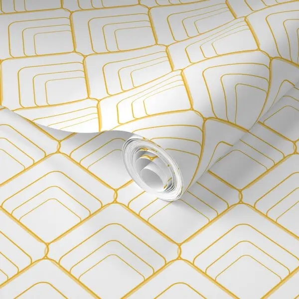 Spoonflower White Yellow Retro Orange Geometric Diamond Art Custom Pre-pasted Wallpaper - White,gray,yellow