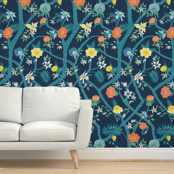 Spoonflower Orange Yellow On Navy 100% Natural Sisal Grasscloth Wallcovering