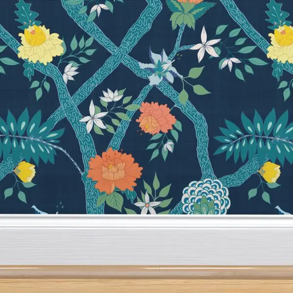 Spoonflower Orange Yellow On Navy 100% Natural Sisal Grasscloth Wallcovering