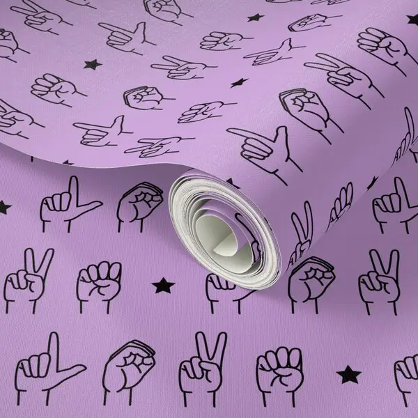 Spoonflower Love Micro Sign Language Asl Custom Pre-pasted Wallpaper - Purple