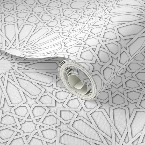 Spoonflower Geometric Mosaic Tile Geometry Arabic Islamic Custom Pre-pasted Wallpaper - White,gray