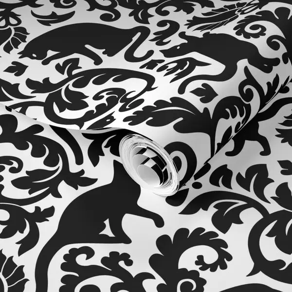 Spoonflower Cats In The Garden Black White Flower Floral Custom Removable Wallpaper - Black,white,gray