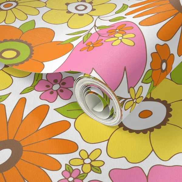 Spoonflower Vintage Groovy Retro Flowers Custom Pre-pasted Wallpaper - Pink,yellow,green
