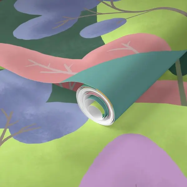 Spoonflower Bucolic Spring Panorama Custom Pre-pasted Wallpaper - Green,purple,brown