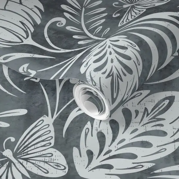 Spoonflower Damask Slate Gray Vintage Flowers Butterflies Traditional Wallpaper - Gray,blue,white