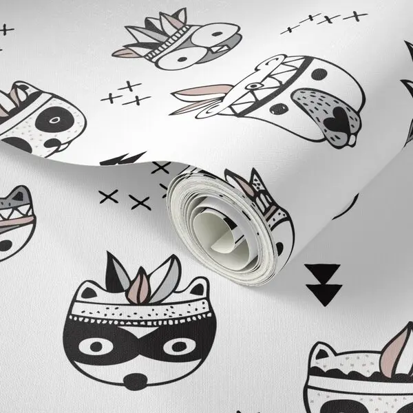 Spoonflower White Cool Scandinavian Geometric Woodland Animals Custom Removable Wallpaper - White,black,gray