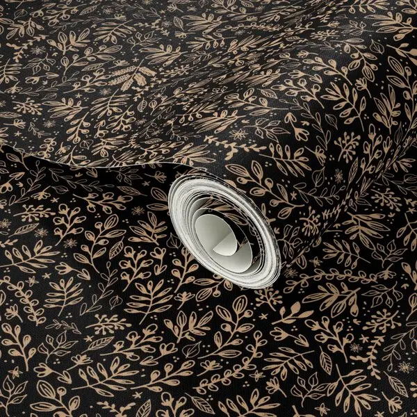 Spoonflower Gold Black Floral Ornate Flower Flowers Custom Pre-pasted Wallpaper - Brown,black,gray