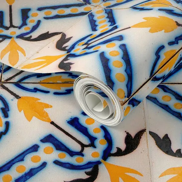 Spoonflower Tiles Colonial Portuguese Mediterranean Portugal Custom Pre-pasted Wallpaper - Yellow,blue,gray