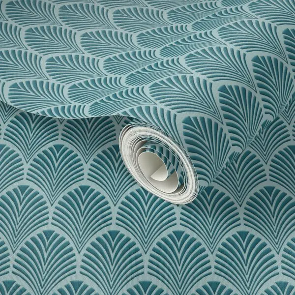 Spoonflower Teal Art Deco Fan Custom Pre-pasted Wallpaper - Blue,green,turquoise