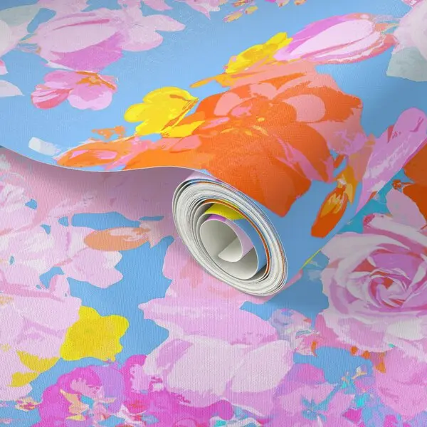 Spoonflower Floral Colorful Summer Vibrant Hot Pink Neon Traditional Wallpaper - Orange,pink,blue