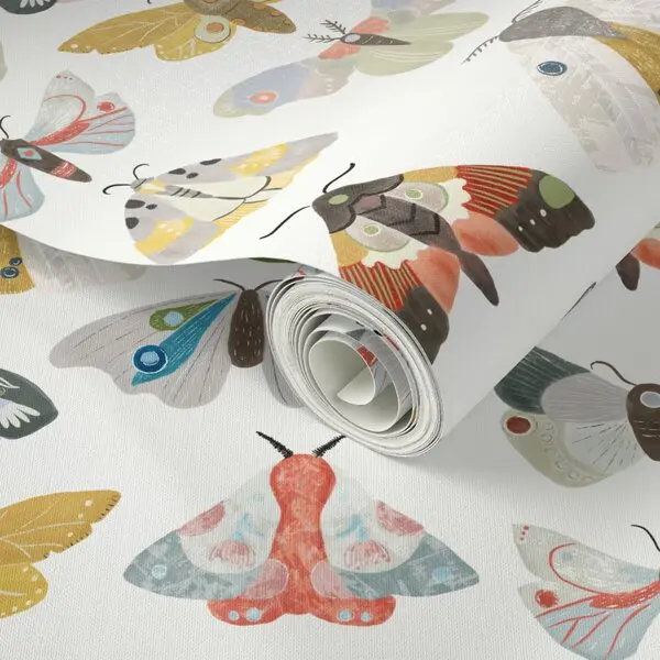 Spoonflower Moths Entomology Botanical Bugs Multicolor Custom Pre-pasted Wallpaper - White,gold,green