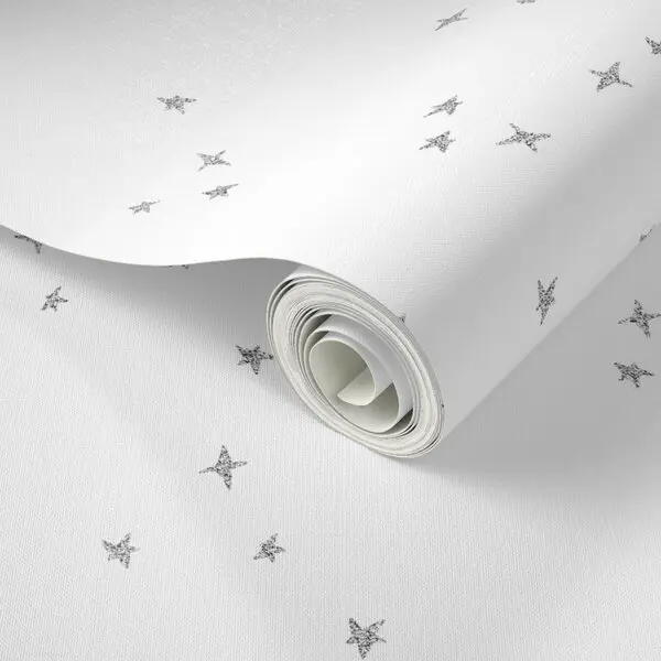 Spoonflower White Silver Stars Scattered Custom Pre-pasted Wallpaper - White,gray
