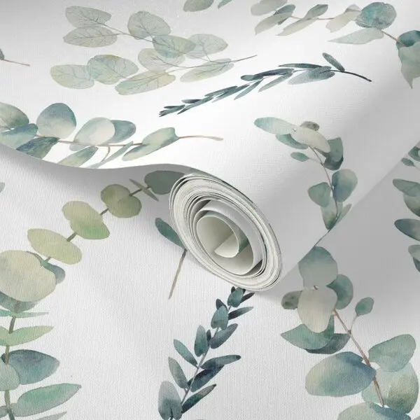 Spoonflower Silver Eucalyptus Green Flowers Floral Greens Traditional Wallpaper - Green,white,gray