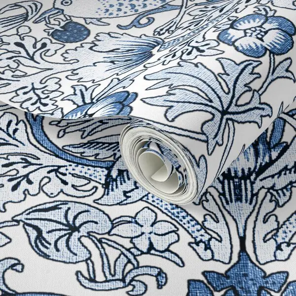 Spoonflower Bird Blue Floral Damask Classic And White Morris Custom Removable Wallpaper - Blue,white