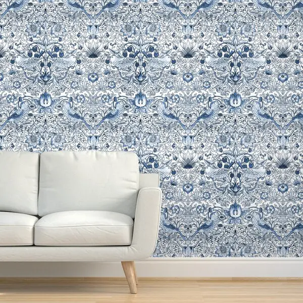 Spoonflower Bird Blue Floral Damask Classic And White Morris Custom Removable Wallpaper - Blue,white
