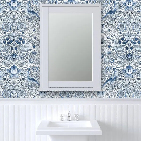Spoonflower Bird Blue Floral Damask Classic And White Morris Custom Removable Wallpaper - Blue,white