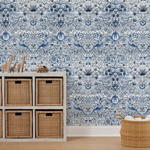Spoonflower Bird Blue Floral Damask Classic And White Morris Custom Removable Wallpaper - Blue,white
