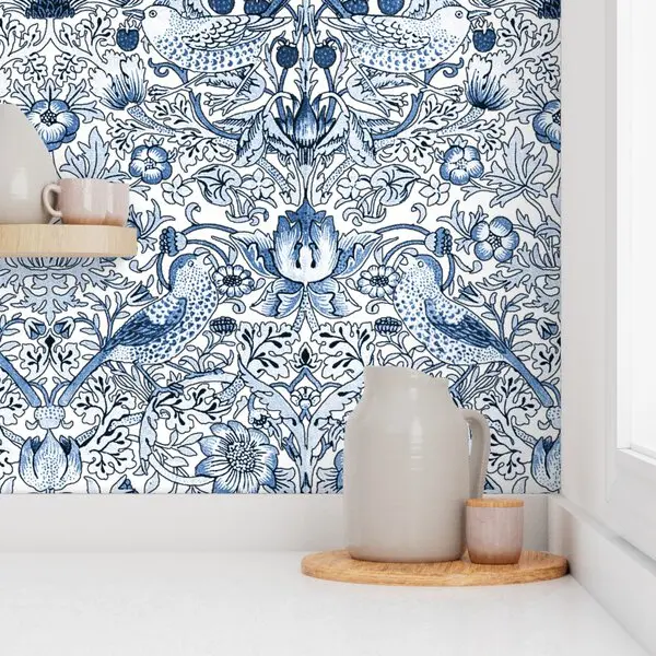 Spoonflower Bird Blue Floral Damask Classic And White Morris Custom Removable Wallpaper - Blue,white