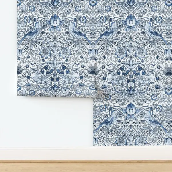Spoonflower Bird Blue Floral Damask Classic And White Morris Custom Removable Wallpaper - Blue,white