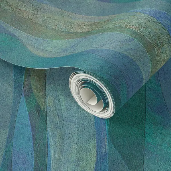 Spoonflower Blue Green Wave Abstract Modern Waves Custom Pre-pasted Wallpaper - Blue,green,teal