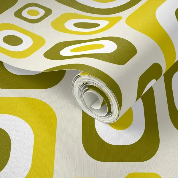 Spoonflower Olive Mod Modern Trendy Retro Green Custom Pre-pasted Wallpaper - Green,yellow,beige