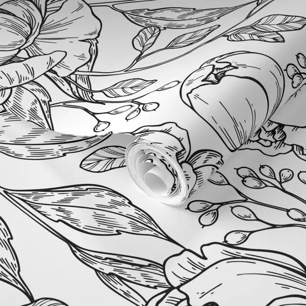 Spoonflower Black And White Botanical Flower Peony Vintage Custom Removable Wallpaper - Gray
