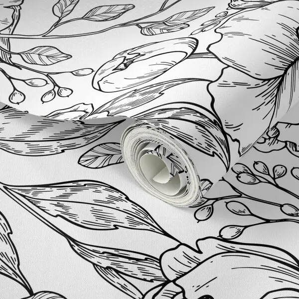 Spoonflower Black And White Botanical Flower Peony Vintage Custom Removable Wallpaper - Gray