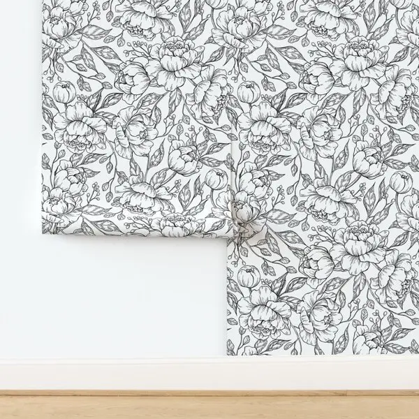 Spoonflower Black And White Botanical Flower Peony Vintage Custom Removable Wallpaper - Gray