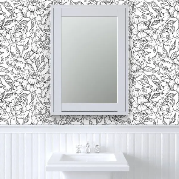 Spoonflower Black And White Botanical Flower Peony Vintage Custom Removable Wallpaper - Gray