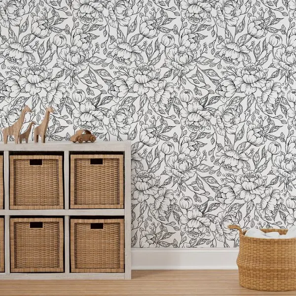 Spoonflower Black And White Botanical Flower Peony Vintage Custom Removable Wallpaper - Gray