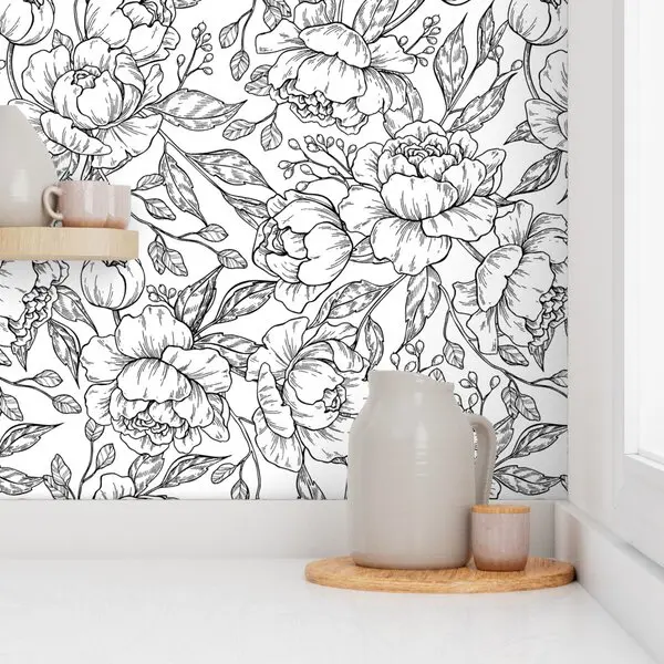 Spoonflower Black And White Botanical Flower Peony Vintage Custom Removable Wallpaper - Gray