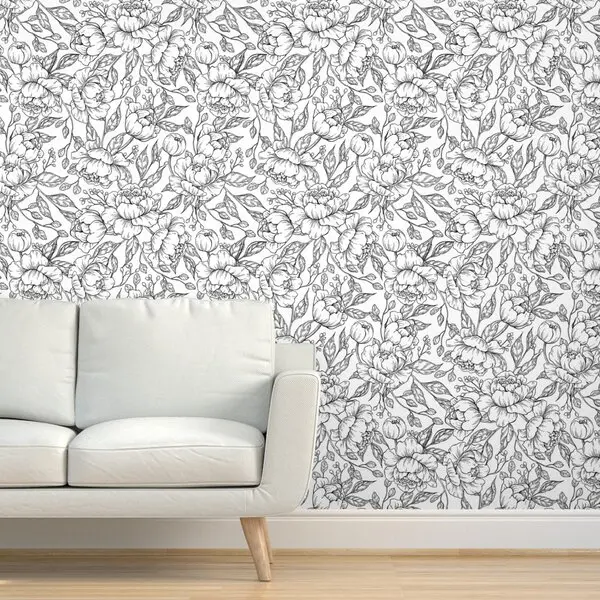 Spoonflower Black And White Botanical Flower Peony Vintage Custom Removable Wallpaper - Gray
