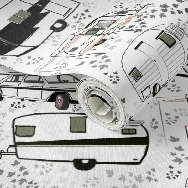 Spoonflower Black And White Vintage Retro Car Transportation Custom Pre-pasted Wallpaper - Black,gray