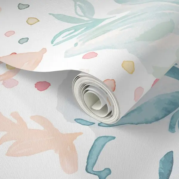 Spoonflower Floral Spring Large Watercolor Pastel Jumbo Custom Pre-pasted Wallpaper - White,pink,gray
