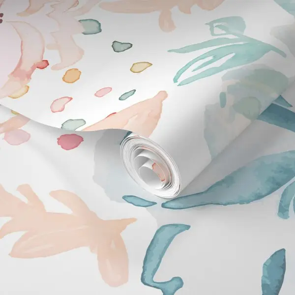 Spoonflower Floral Spring Large Watercolor Pastel Jumbo Custom Removable Wallpaper - White,pink,gray