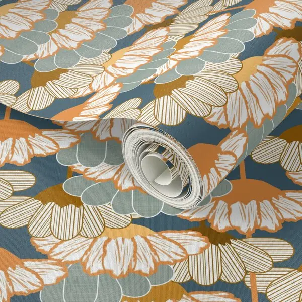 Spoonflower Blue Brown Stripes Abstract Floral And Orange Rust Traditional Wallpaper - Beige,blue,green