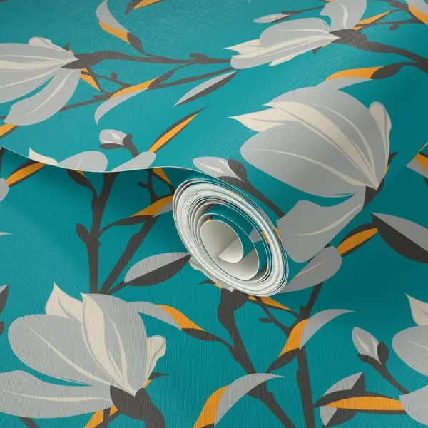 Spoonflower Yellow Teal Floral Grey Spring Botanical Magnolia Custom Pre-pasted Wallpaper - Blue,beige,gray