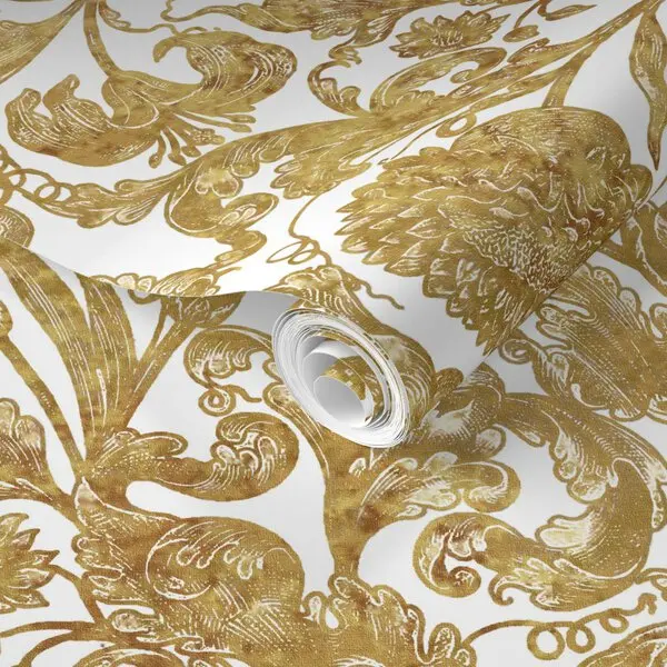 Spoonflower Flowers Floral Gold Gilt Renaissance Victorian Custom Removable Wallpaper - Brown,white,beige