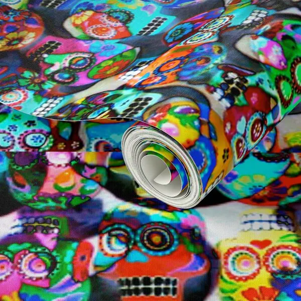 Spoonflower Skulls Celebration Day Of The Dead Dia De Los Traditional Wallpaper - Pink,black,teal