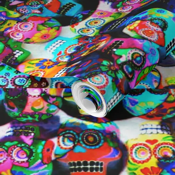 Spoonflower Skulls Celebration Day Of The Dead Dia De Los Traditional Wallpaper - Pink,black,teal