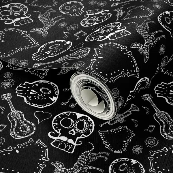 Spoonflower Black And White Holiday Music Skull Skulls Traditional Wallpaper - Black,white,gray