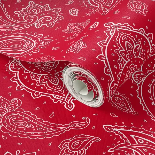 Spoonflower Paisley Bandana Red Custom Pre-pasted Wallpaper - Red,pink