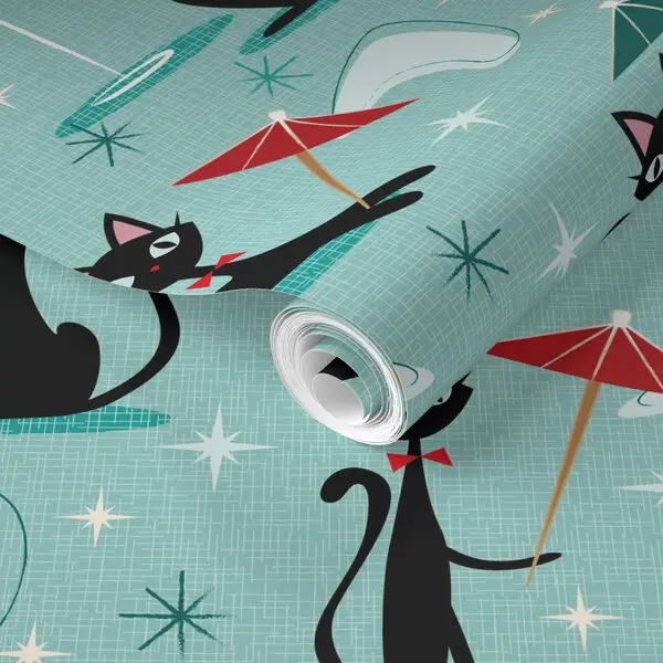 Spoonflower Cocktail Umbrella Cats 50s 1950s Kitsch Retro Blue Custom Pre-pasted Wallpaper - Blue,black,teal