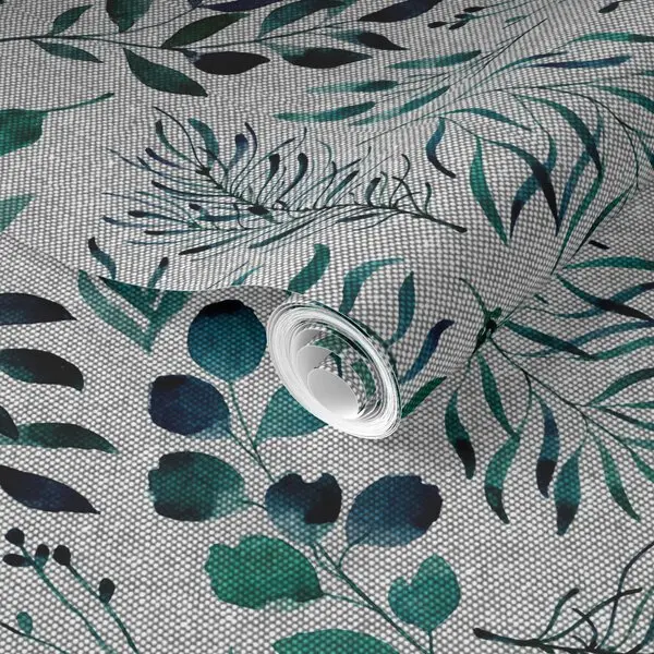 Spoonflower Teal Leaves Nature Botanical Prints Emerald Look Custom Pre-pasted Wallpaper - Gray,blue,teal