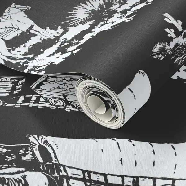 Spoonflower Black Western Wheels Toile Cowboy Country Horse Custom Pre-pasted Wallpaper - Black,white,gray