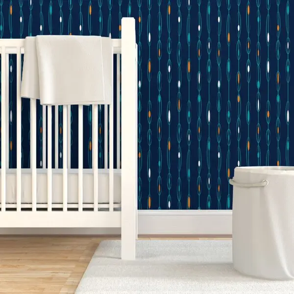 Spoonflower White Stripe Blue Retro Orange Turquoise Geometric Custom Pre-pasted Wallpaper - Blue,beige