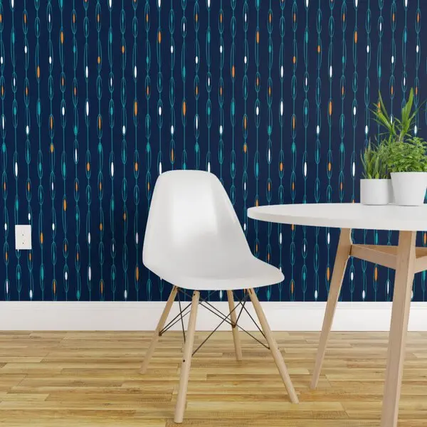 Spoonflower White Stripe Blue Retro Orange Turquoise Geometric Custom Pre-pasted Wallpaper - Blue,beige